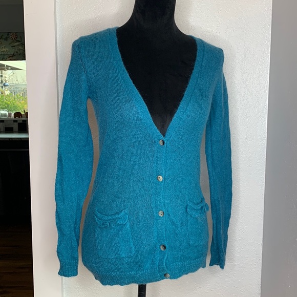 Boden | Sweaters | Boden Teal Blue Mohair Wool Blend Long Button Up ...